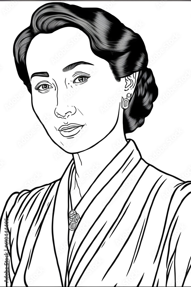 coloring page of a famous women aung san suu kyi , black and white ...