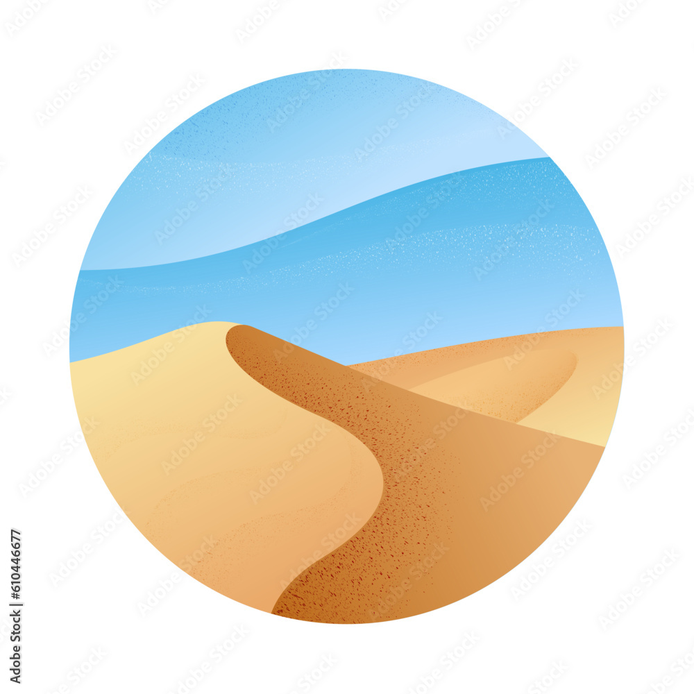Desert landscape in a round frame. Flat illustration with noise grainy ...
