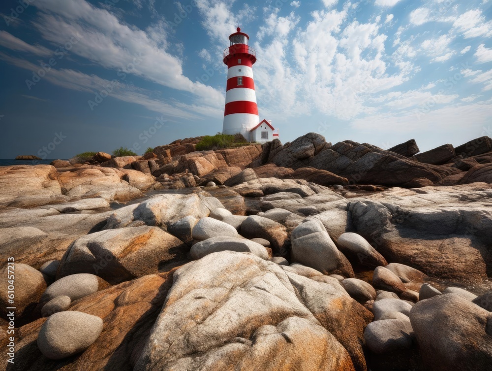 The photo captures a picturesque classic lighthouse with its iconic red ...
