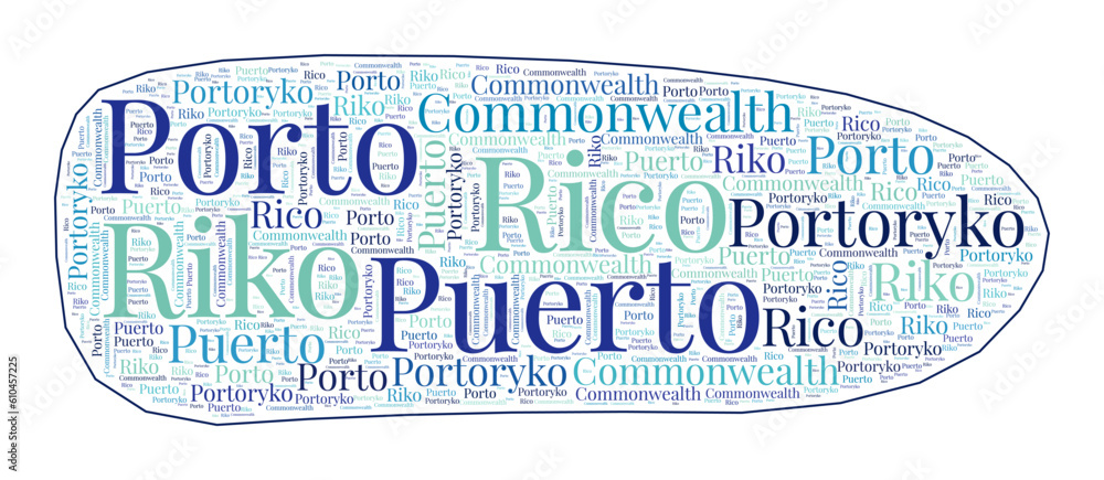 Puerto Rico shape filled with country name in many languages. Puerto ...