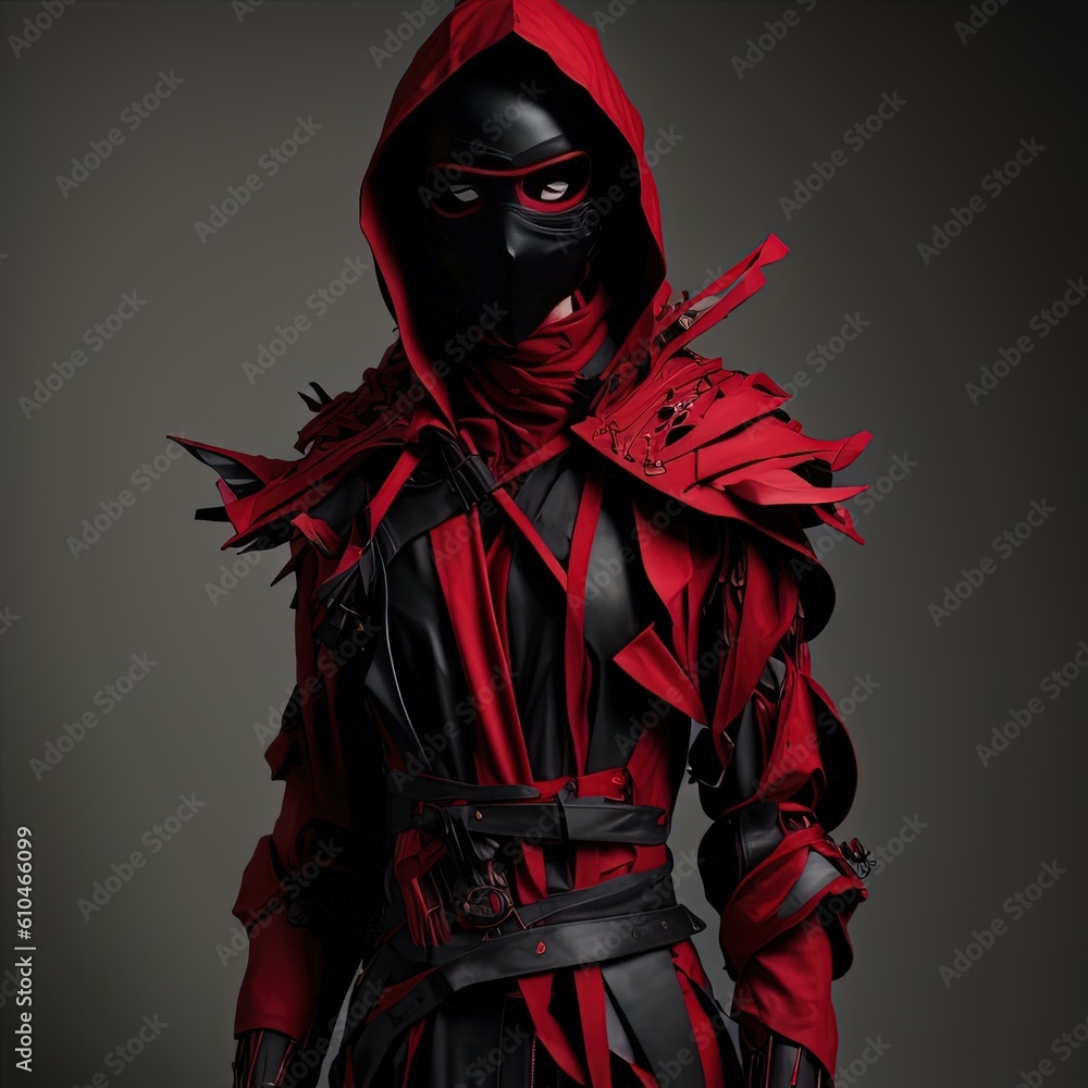 Portrait of a female ninja in red armor and mask. Dark background ...