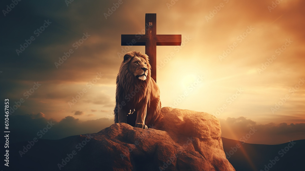 crucifixo de jesus cristo com leão da tribo de judá, simbolo de força e ...