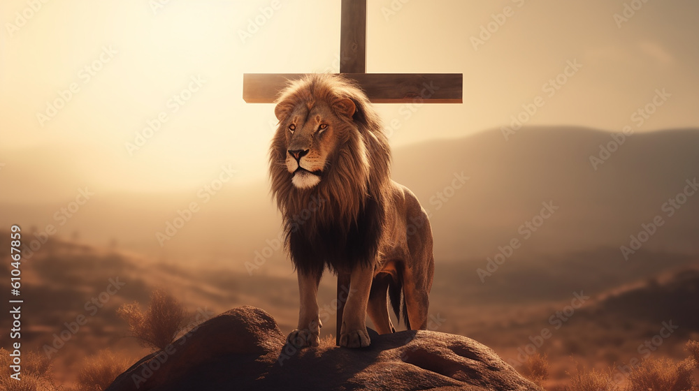 crucifixo de jesus cristo com leão da tribo de judá, simbolo de força e ...