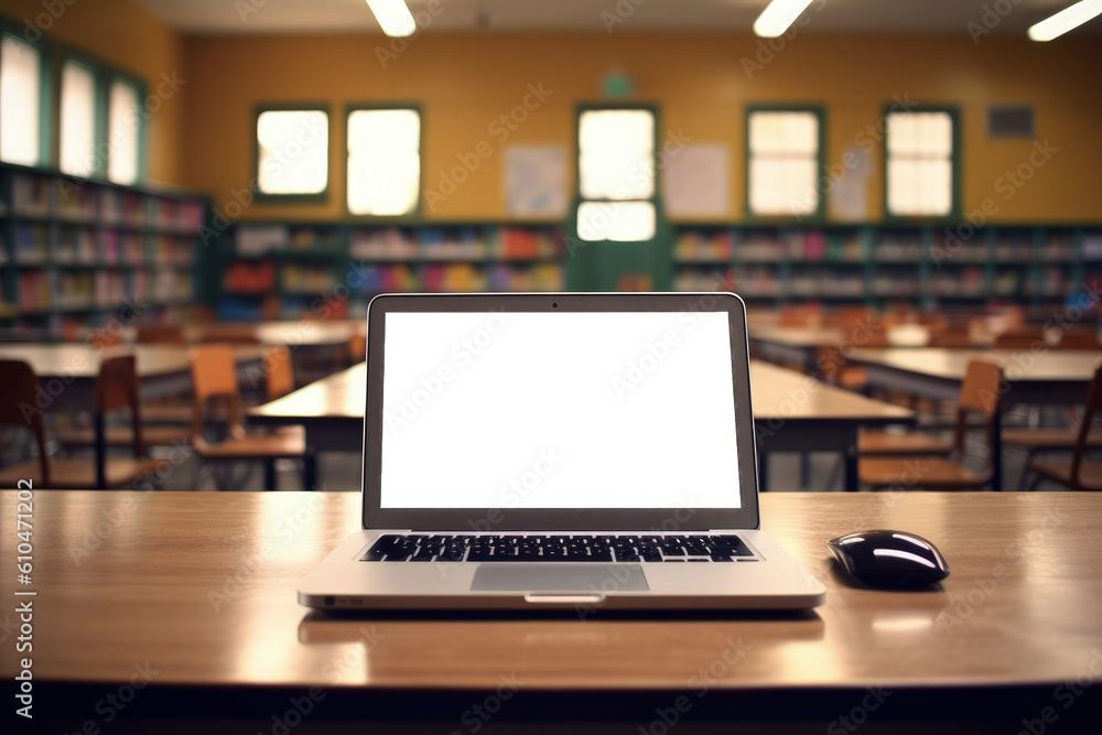 Laptop with transparent screen on top of table in classroom, laptop on ...