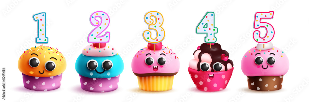 Birthday cupcake set vector design. Birthday cup cake and muffins in ...