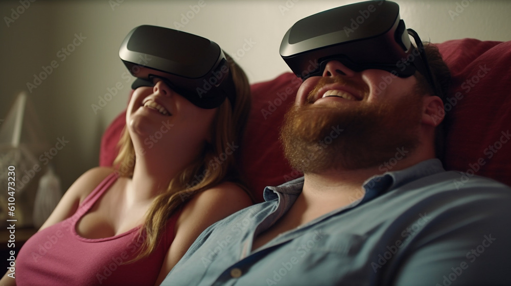 a couple, overweight, overweight, fat and fat belly, VR glasses ...