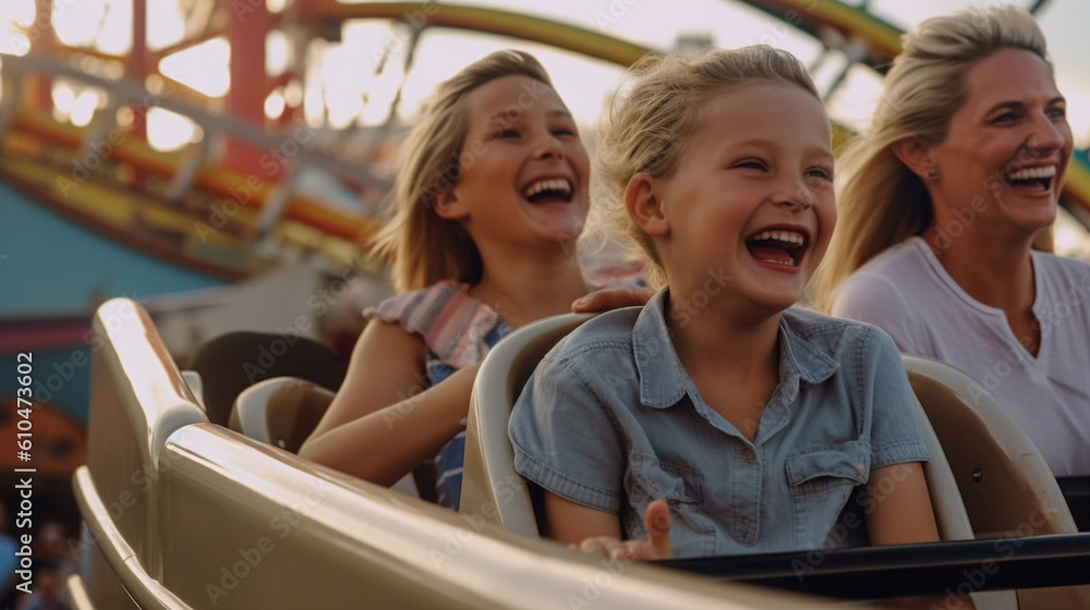 mature adult middle aged woman with her two children, daughters ...