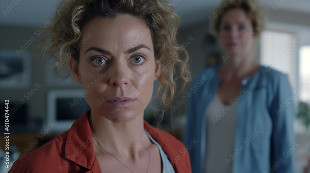 two mature women in a living room, saddened or shocked, negative facial ...