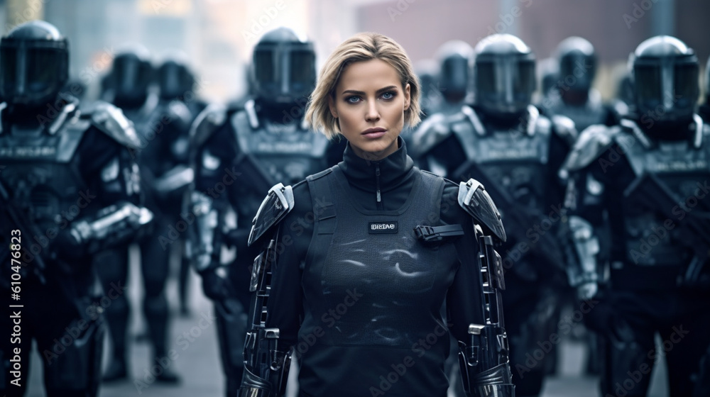 futuristic police officers with body armor plates, white, young adult ...