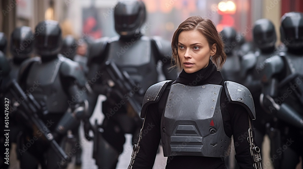 futuristic police officers with body armor plates, white, young adult ...