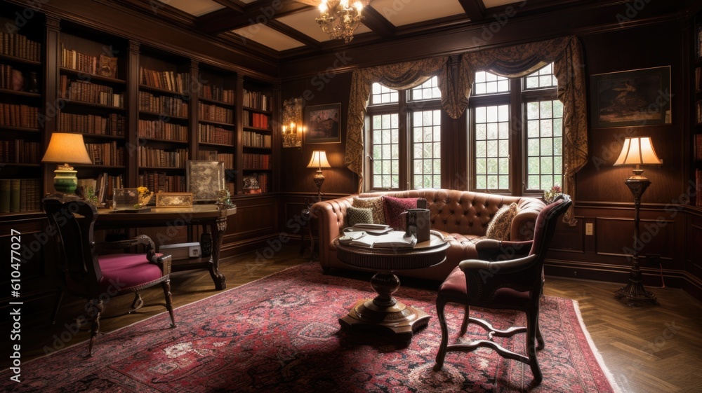 Interior design of Library in Classic style with Bookshelves decorated ...