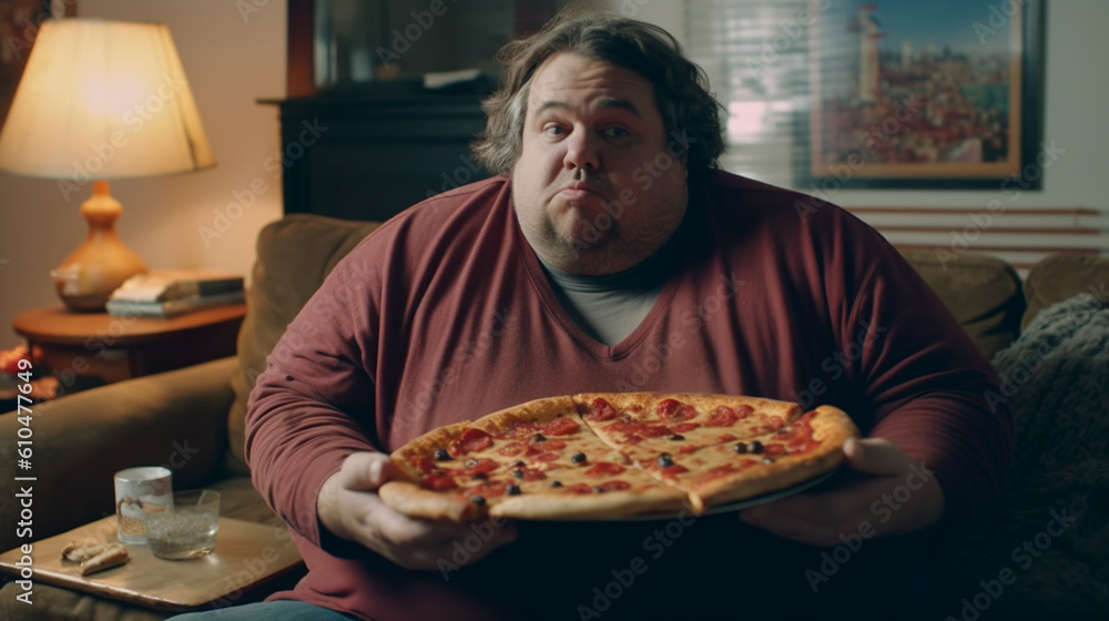 overweight man on the sofa at home with a pizza, big belly, unshaven ...