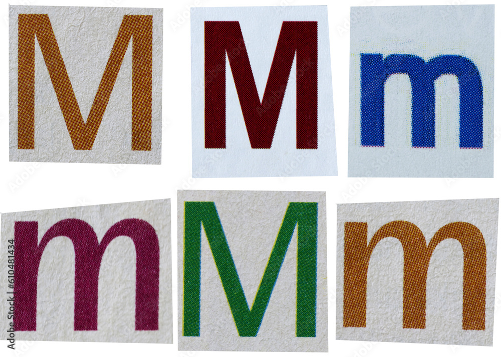 Letter m magazine cut out font, ransom letter, isolated collage ...