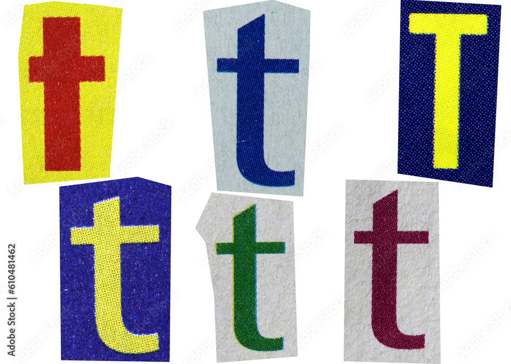 ภาพประกอบสต็อก Letter t magazine cut out font, ransom letter, isolated ...