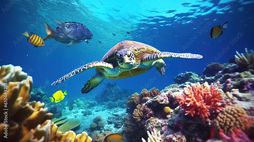 Dolphin and turtle underwater with beautiful colorful reef.Generative ...