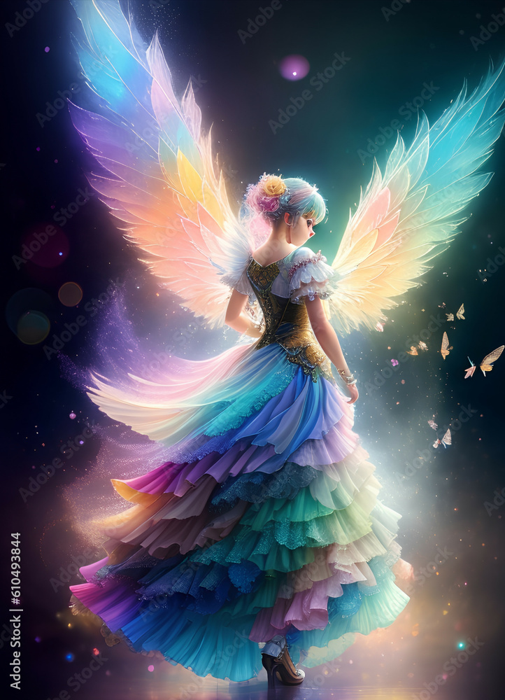 fairy girl in a colourful dress with glowing butterfly wings angel ...