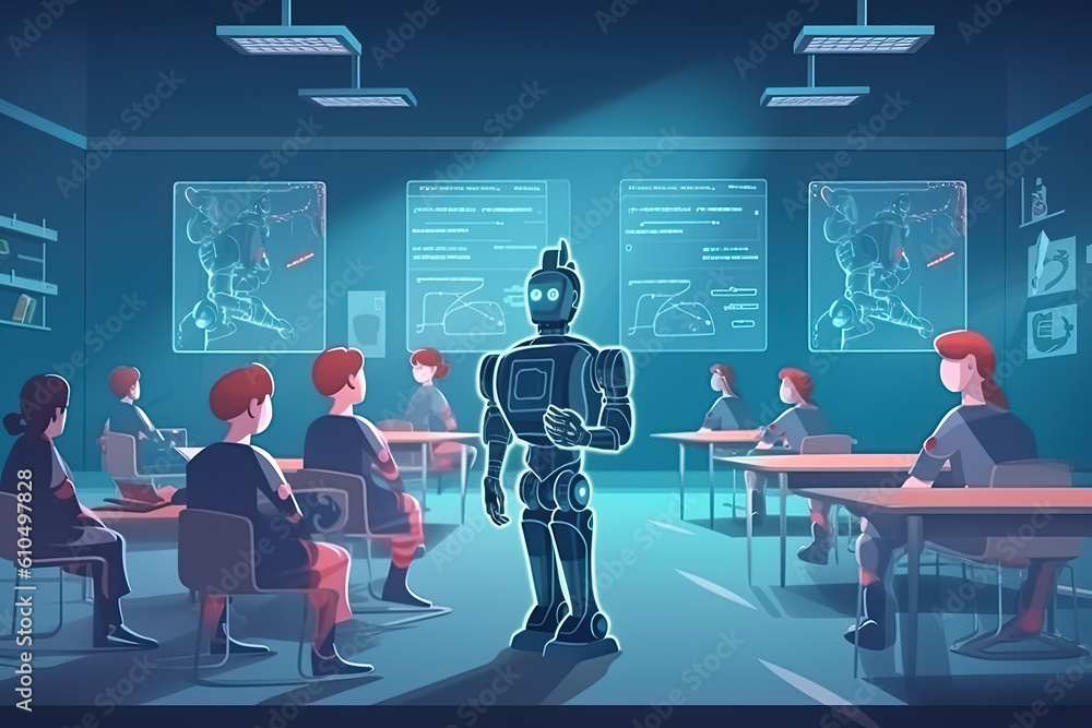 Android Robot is teaching children in classroom, for Futuristic ...