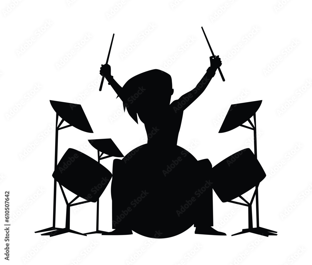 Vector black silhouette Illustration of Rock band star drummer with ...