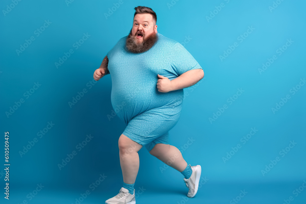 Overweight man running on blue background. Full length portrait of ...