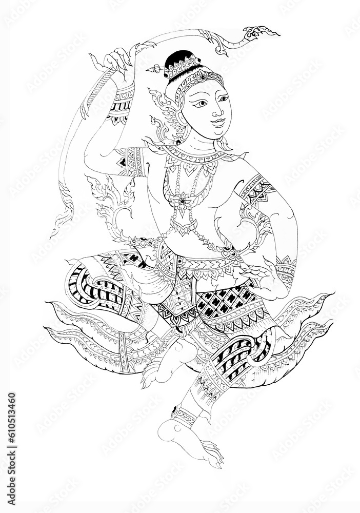Male character line art in Thai art style. Hand drawn. On a white ...