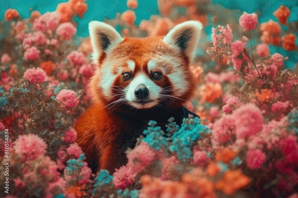 Red panda in the flower meadow, vintage toned photo. Created with ...
