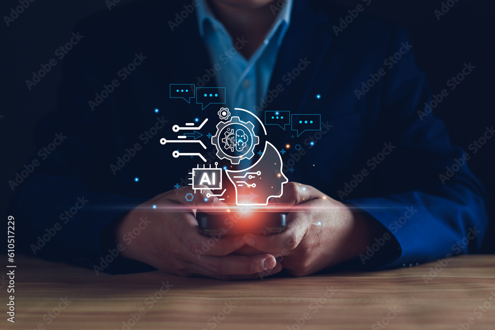 Chatbot concept. AI, Artificial Intelligence. businessman using ...