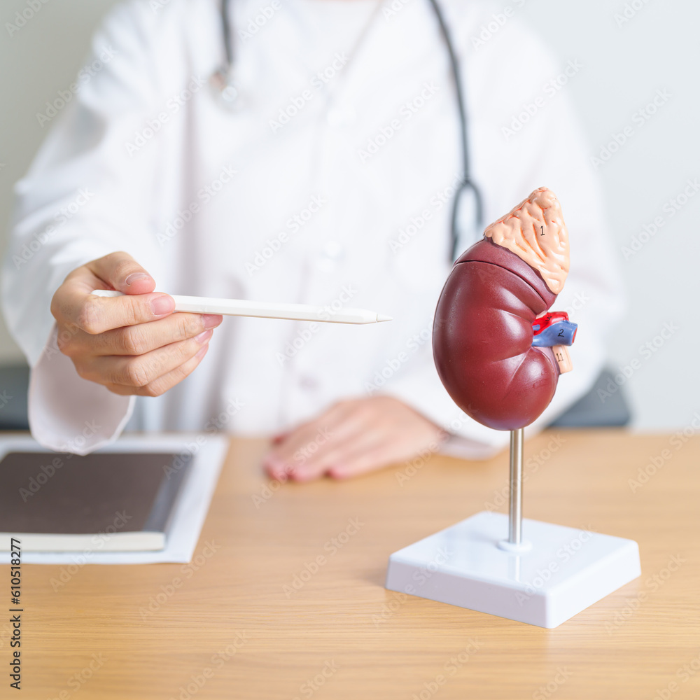 Doctor with Kidney Adrenal gland anatomy model. disease of Urinary ...