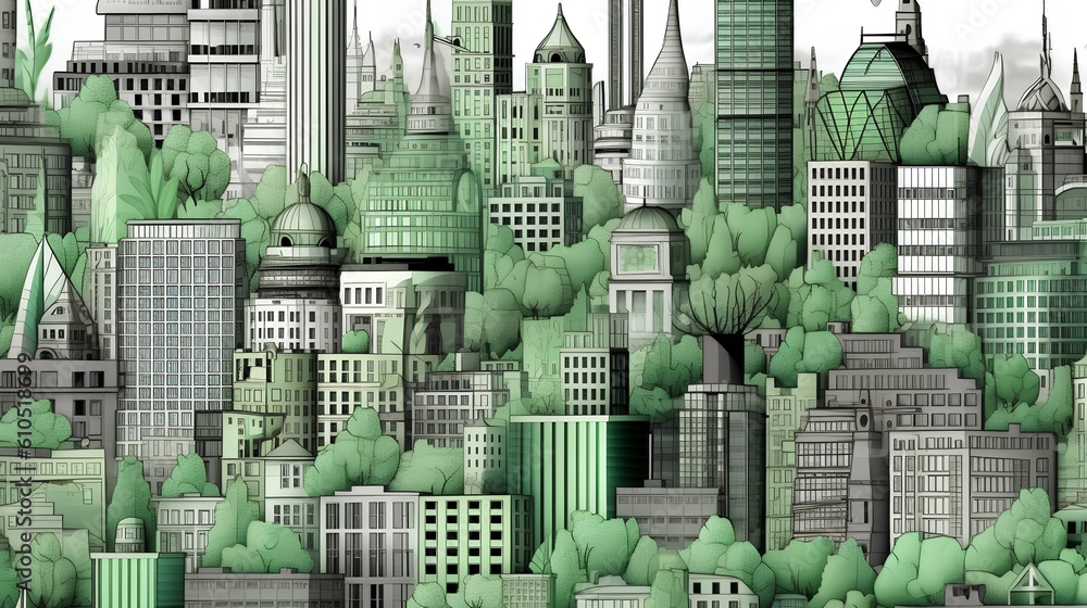 Cityscape with elements of green architecture and design. Harmonious ...