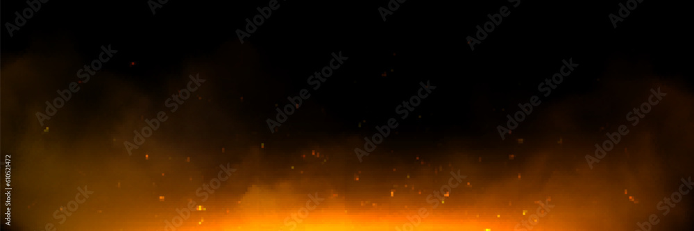 Fire spark overlay with smoke and flame background. Grill heat glow in ...