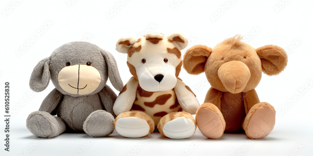 3 stuffed animals on white background, Generative AI Stock Illustration ...