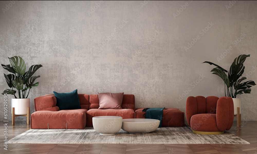 Modern cozy sofa and concrete wall in living room interior, modern ...