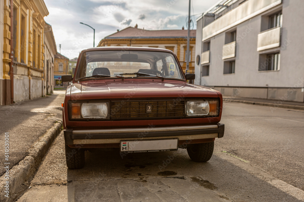 Pecs, Hungary - April 10th 2023: A red Lada 2105 1300 S car parking on ...