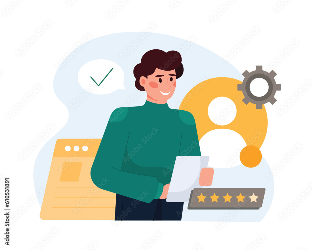 Cartoon handsome manager evaluates job applicants profiles. Process of ...