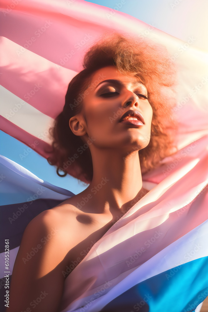 poc trans woman wrapped in trans flag in sunshine, made with generative ...