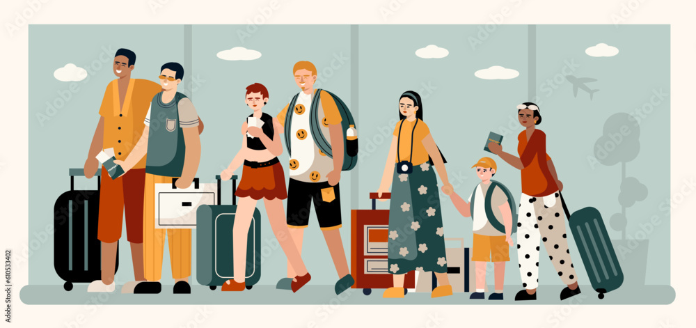 Cartoon multicultural tourists with luggage waiting in line to register ...