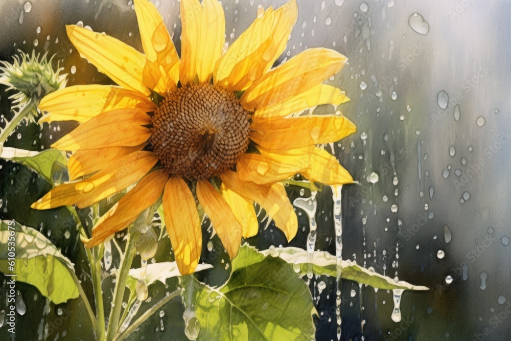 sunflower in the rain, capturing the glistening droplets on the petals and leaves. transparency ...