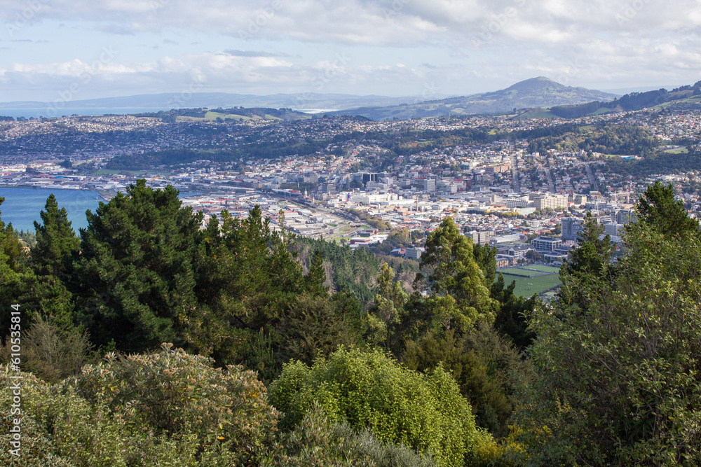 Dunedin, South Island, New Zealand, seen from campervan on Signal Hill ...