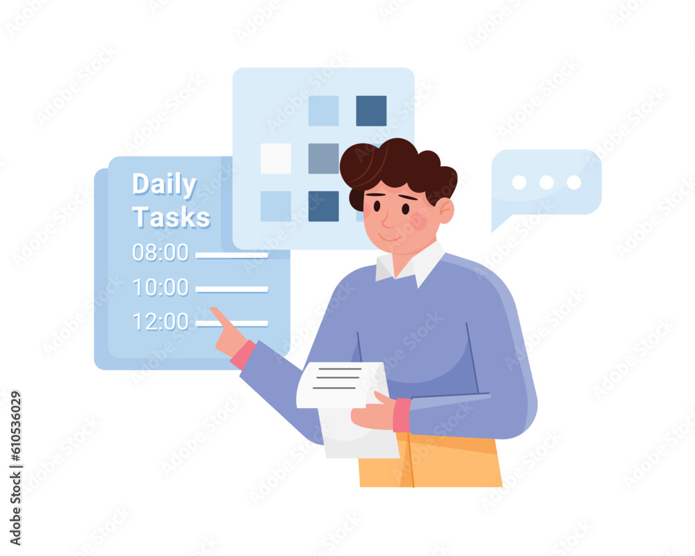 Cartoon guy schedules daily work tasks according to time. People doing ...