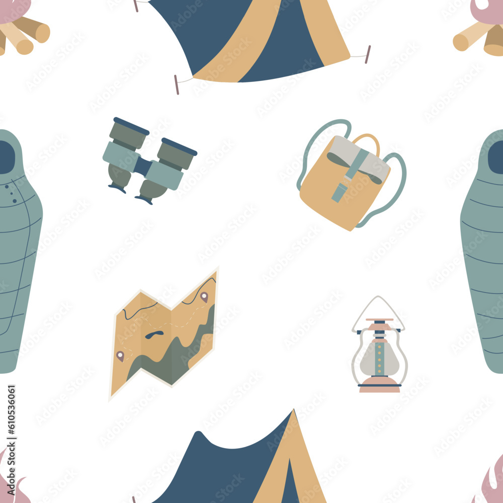 Hiking and camping seamless pattern with travel elements. Seamless ...