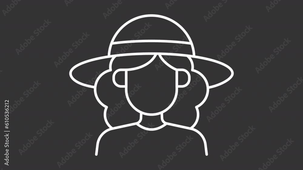 Head covering white icon animation. Animated line woman wearing hat ...