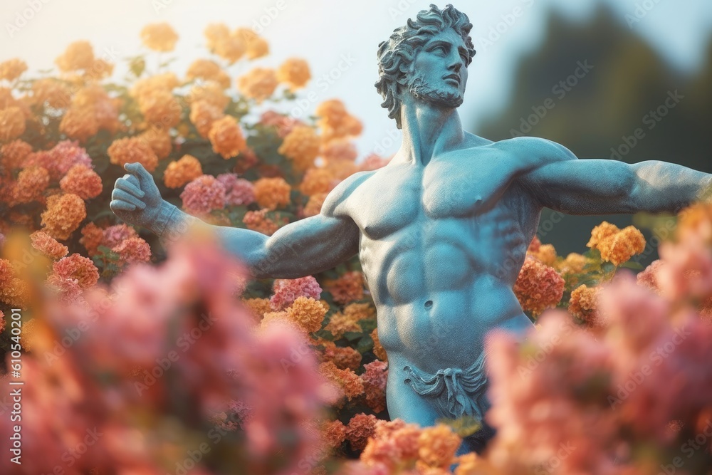 Statue of muscle ancient man in front of spring flowers. Created with ...