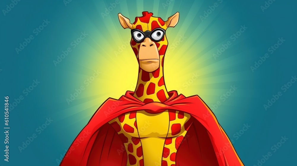 Giraffe wearing a superhero cape and mask on blue background. Cartoon ...