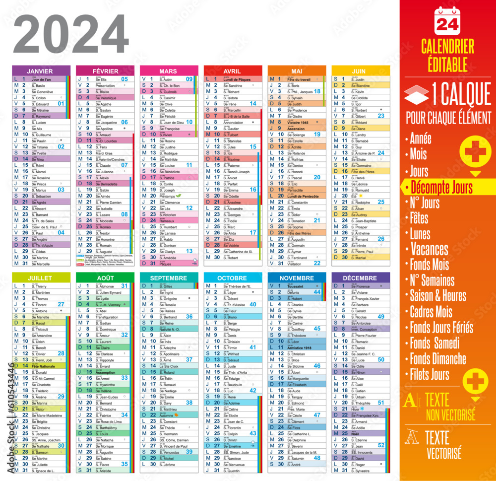 2024 French Calendar Template - Easy to customize Stock Vector | Adobe ...