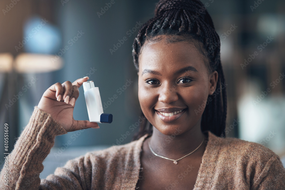 Asthma, medicine and portrait of a woman with inhaler to breathe in ...