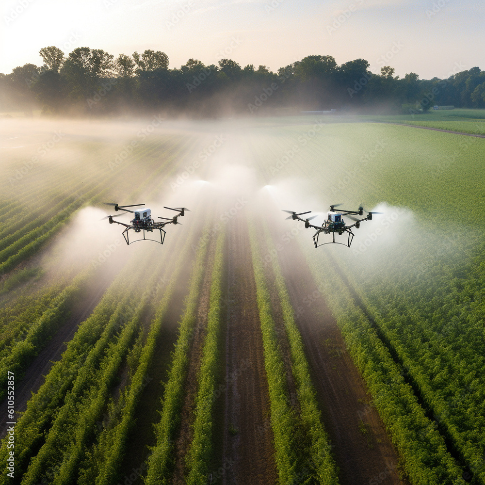 Smart farm. drones spraying field of agricultural crops. drones equipped with cameras and ...