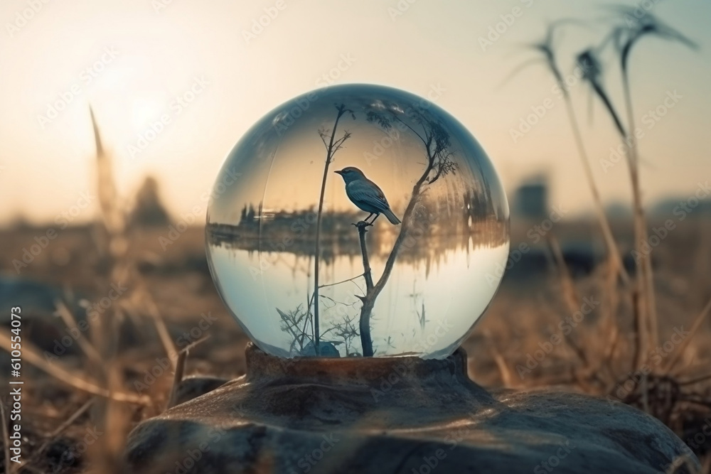 Little sparrow bird in a bubble surrounded by ruined buildings nature ...