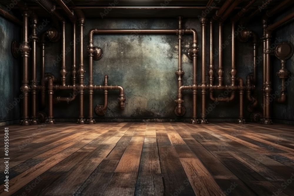 Vintage steampunk backdrop with pipes, stucco wall and wooden floor ...