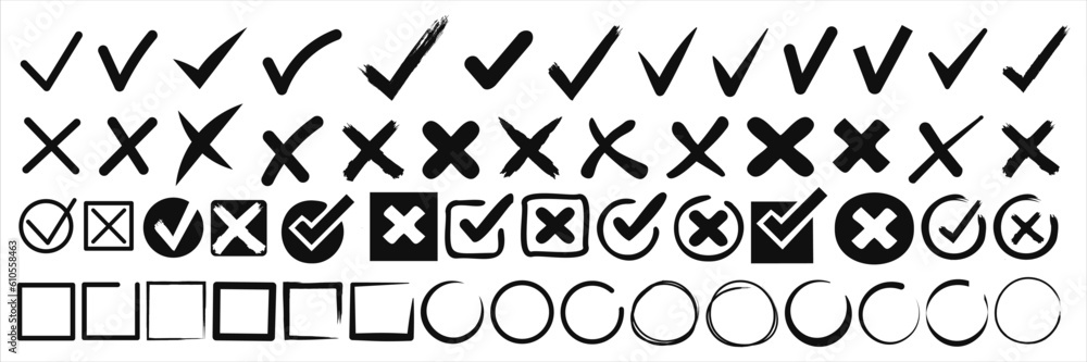 Hand drawn symbols for checking and voting. Examination round and square boxes for answers ...