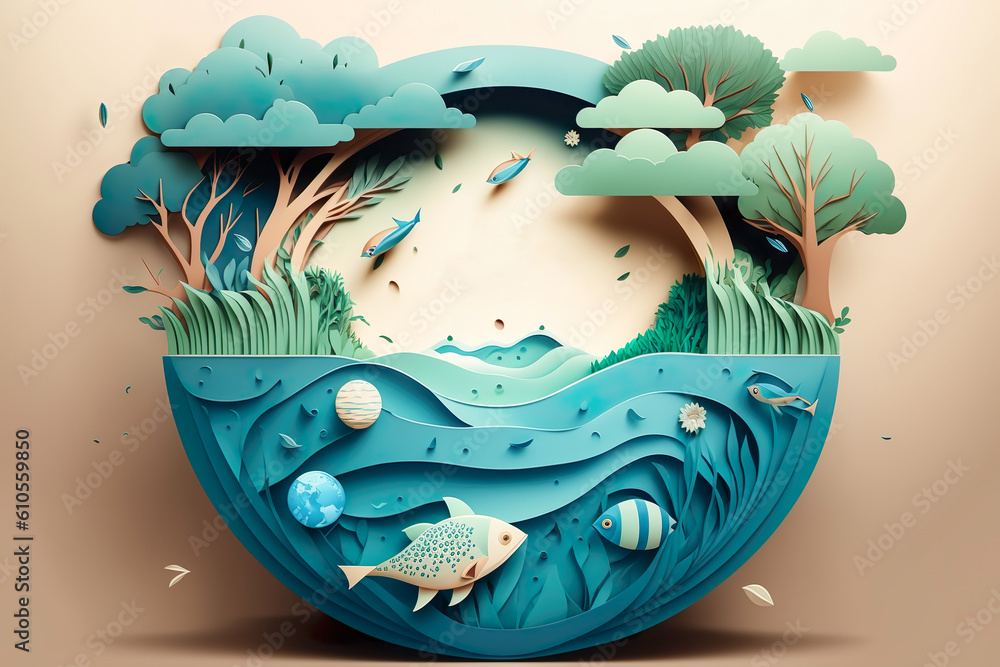 Paper art , Saving water and world Environment day , Ecology and world ...