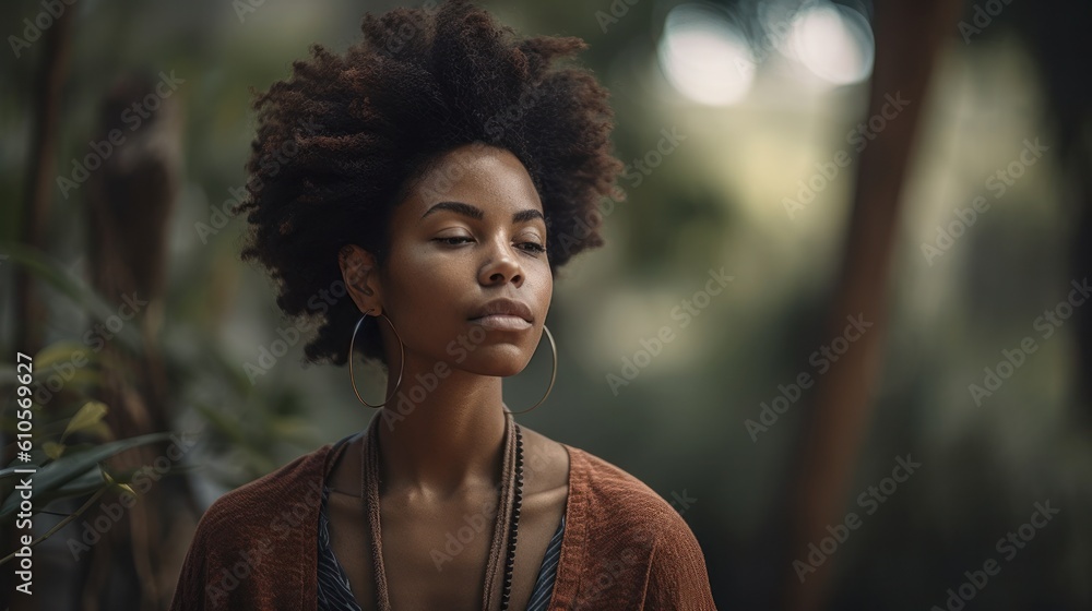 Portrait of afro woman in lotus position at nature location. Healthy ...
